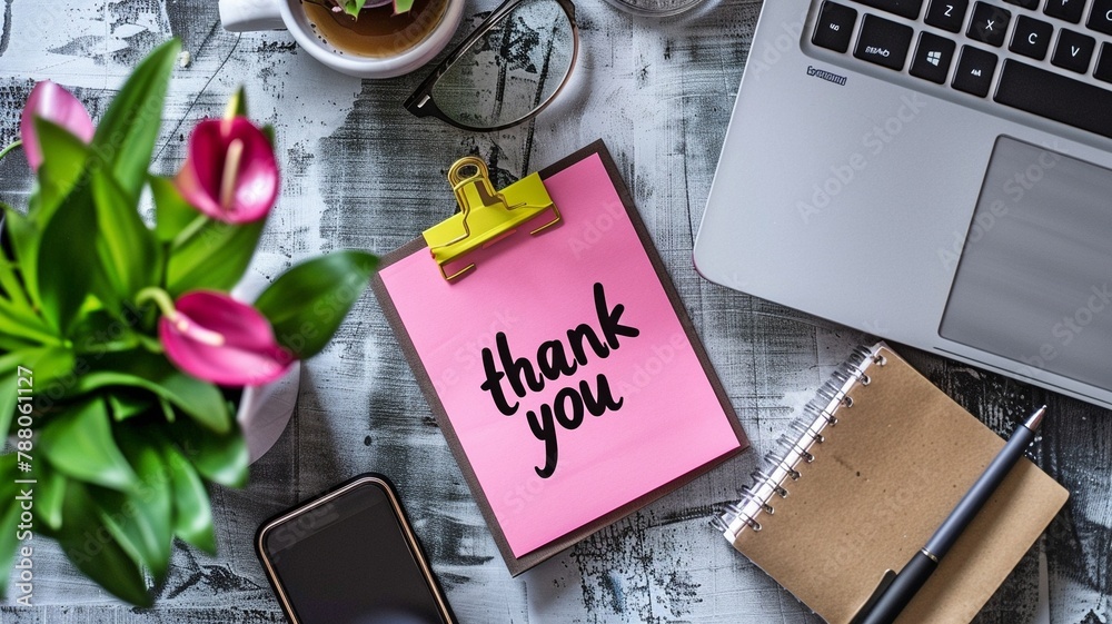 Top view of the sticky note paper idea with the words "thank you" A ...