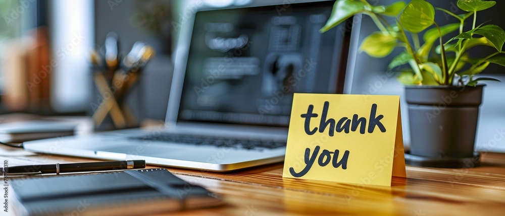 Top view of the sticky note paper idea with the words "thank you" A ...