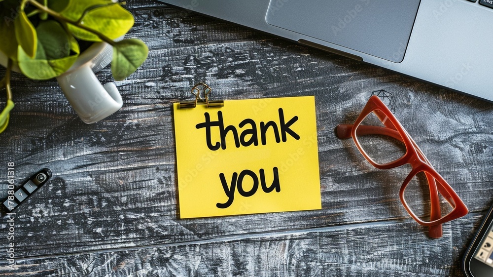Top view of the sticky note paper idea with the words "thank you" A ...