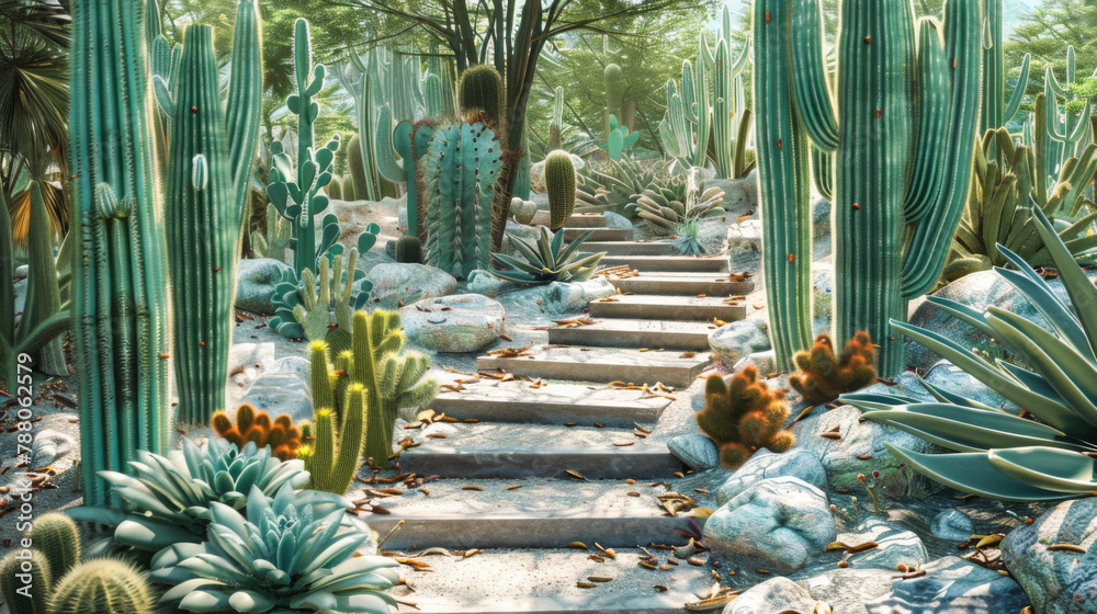Pathway through an amazing cactus garden different levels extensive ...