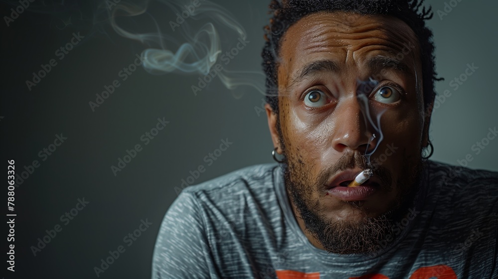 Adult Man portrait, man sitting and smoking a cigarette releasing smoke ...