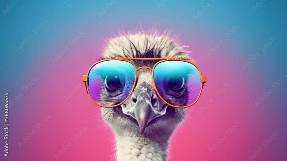 Ostrich bird in sunglass shade glasses isolated on solid pastel ...