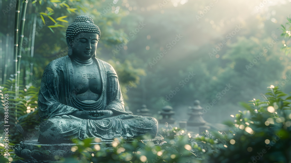 Buddha statue against the backdrop of a green bamboo forest. Buddhism ...