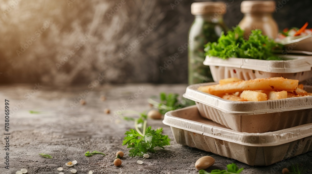 Food takeaway packaging made from paper pulp bagasse is presented ...