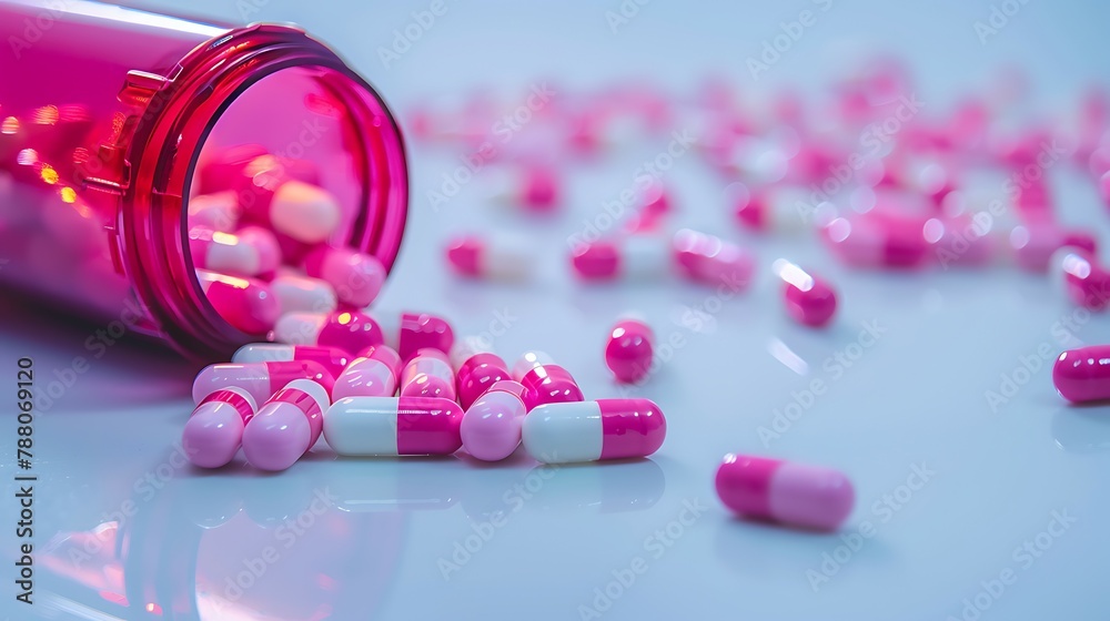 Pink-white capsule pills spread out of drug bottle. Antipsychotic drug ...