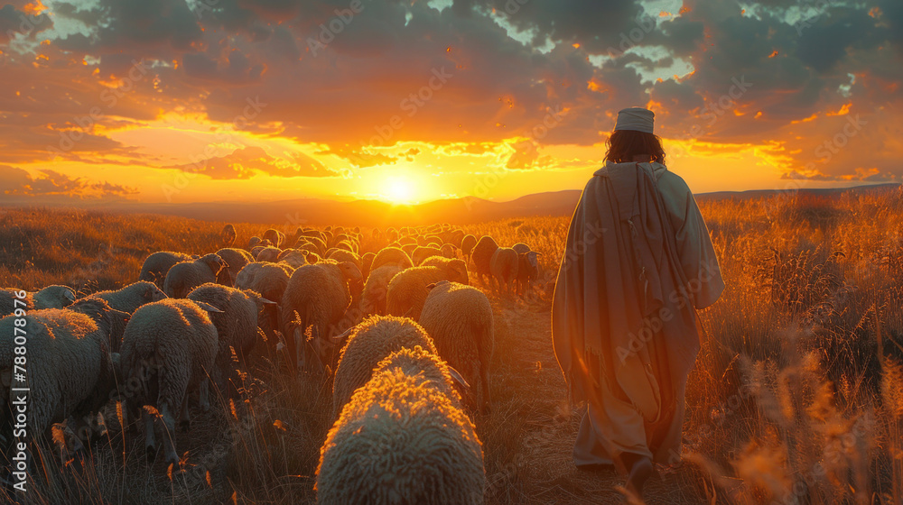A Bible scene depicts Jesus as a shepherd with his flock of sheep ...