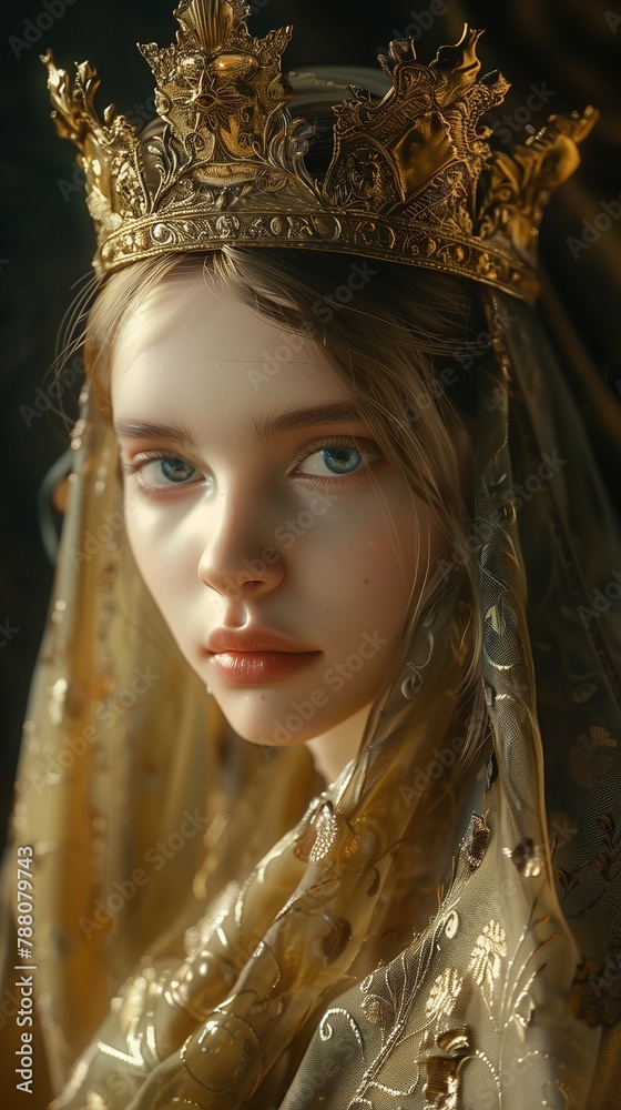 Young female wearing crown on princess gold tiara from little kingdom ...