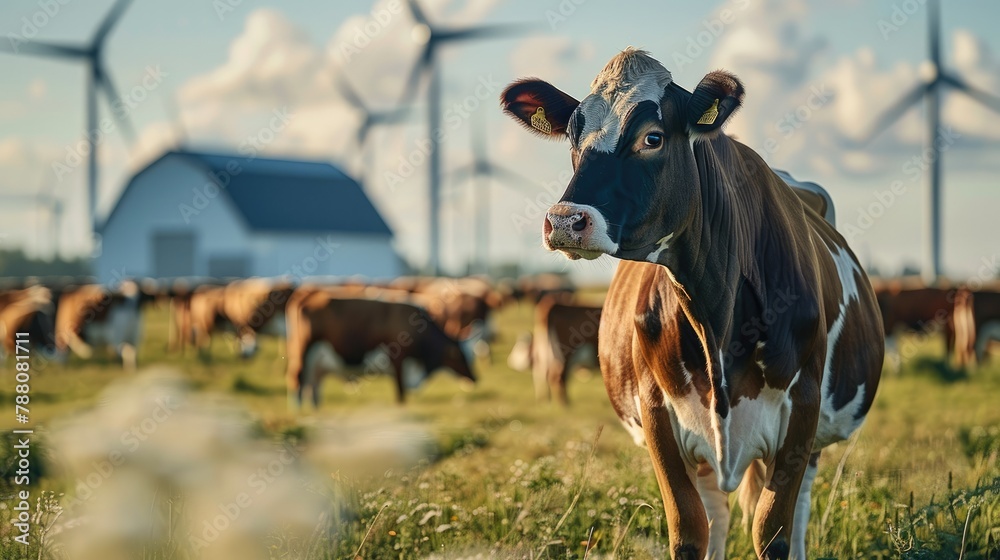 A cow modern barn with many cows grazing and with a background of wind ...