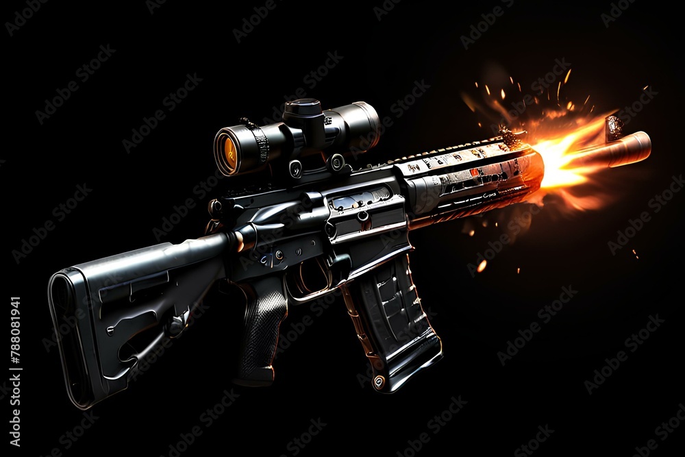 firing assault riffle shooting firepower bullets isolated on black ...