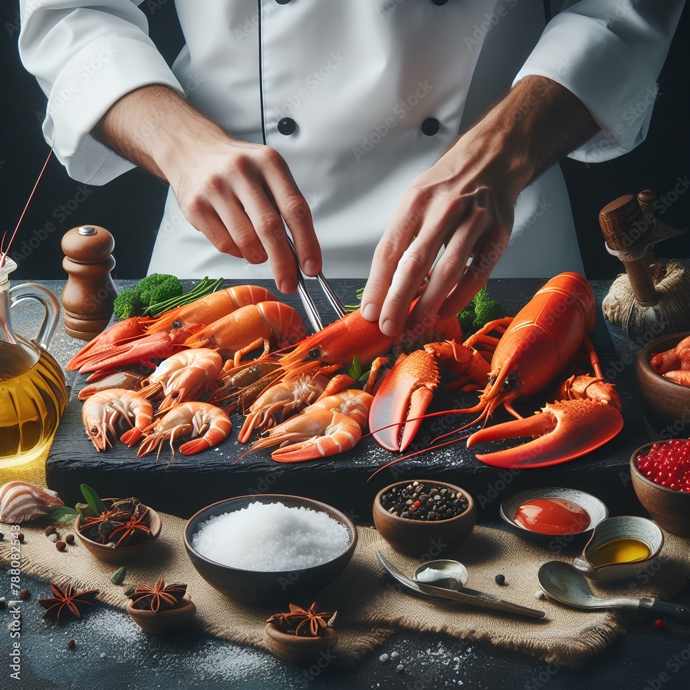 professional chef hands preparing seafood feast meal of shrimps, crabs ...