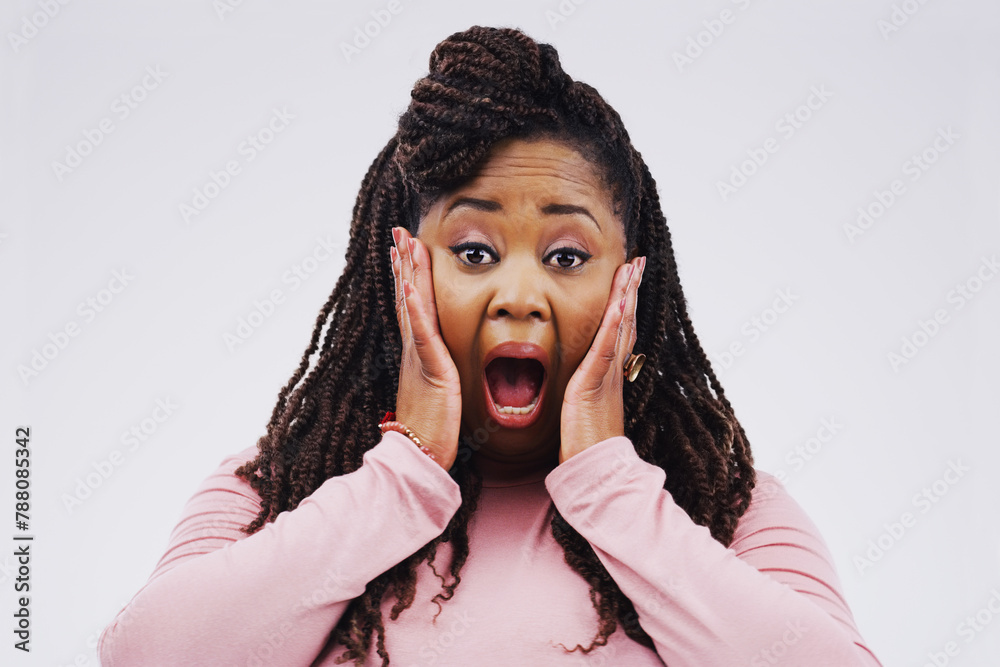 Studio, wow and black woman in portrait with face, shock or mind blown ...