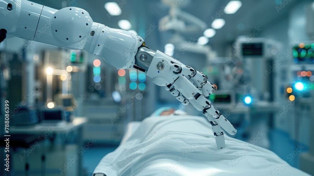 A robotic arm operating on a patient in the modern hospital, focus of ...