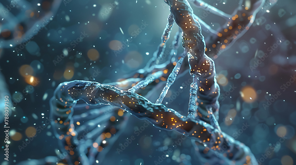 A close-up view of a DNA double helix structure, intricately detailed ...