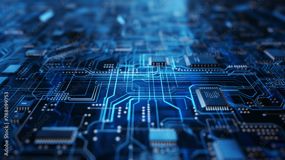 Blueprints of a circuit board with code overlay, highlighted by soft ...