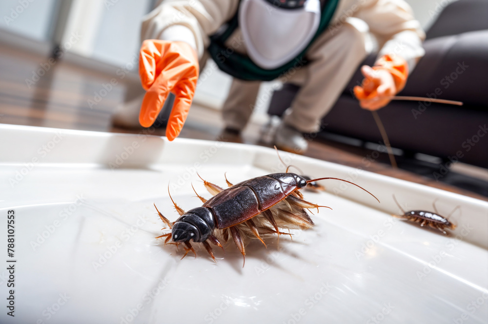 AN EXTERIOR catches a cockroach. A cockroach on a parquet floor close ...