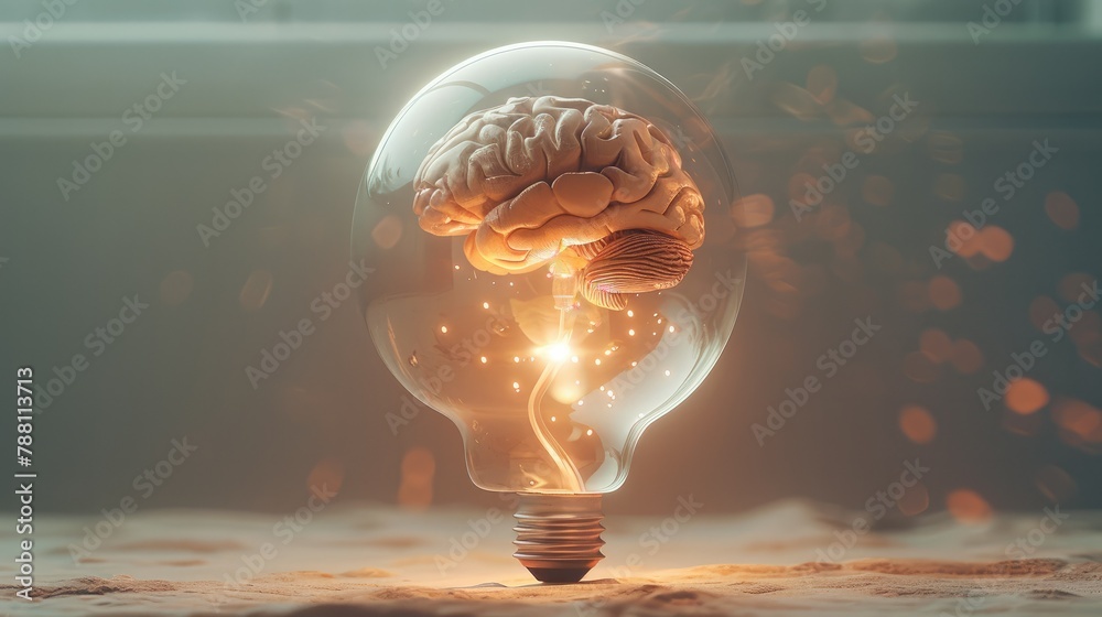 Regular shape light lamp with brain, soft shadow, floating in the air ...