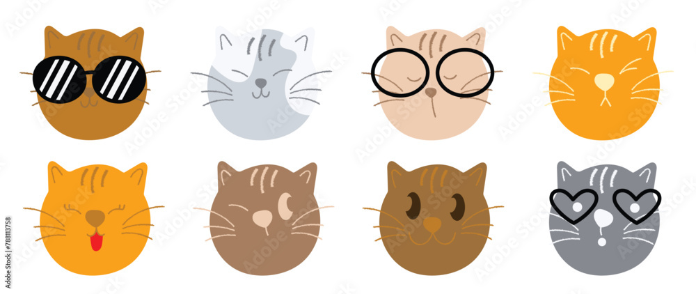 Cute and smile cat heads doodle vector set. Comic happy cat faces ...