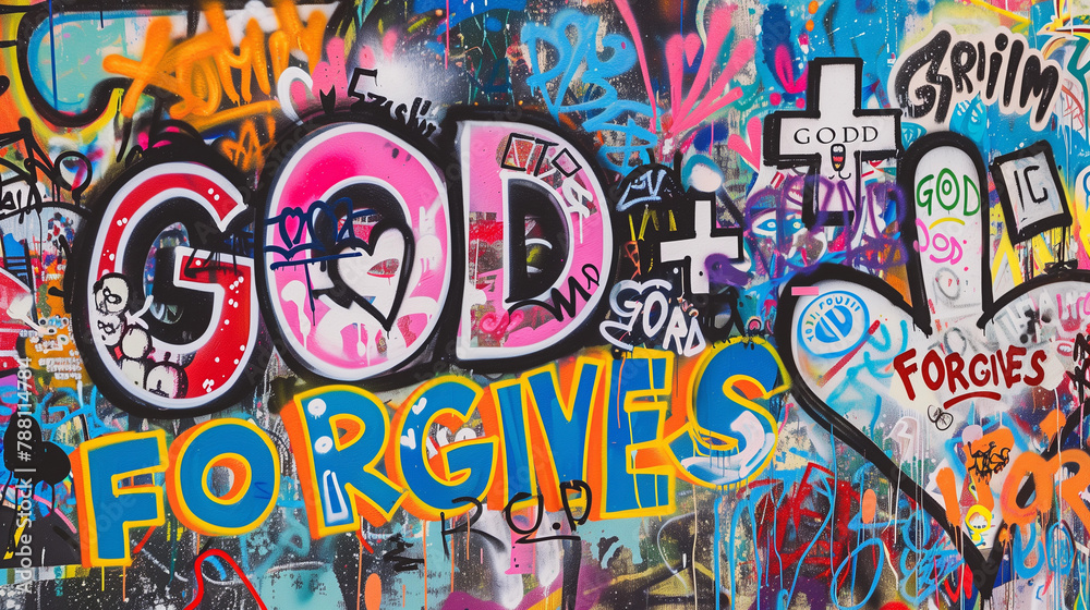 Street art graffiti wall positive bold quote GOD Forgives spray painted ...
