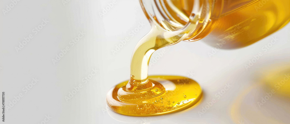 thick yellow clear organic honey liquid flowing out of the mouth of a ...