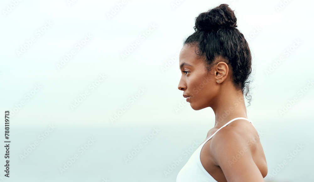 Focus, profile and woman for outdoor fitness, cardio exercise or ...