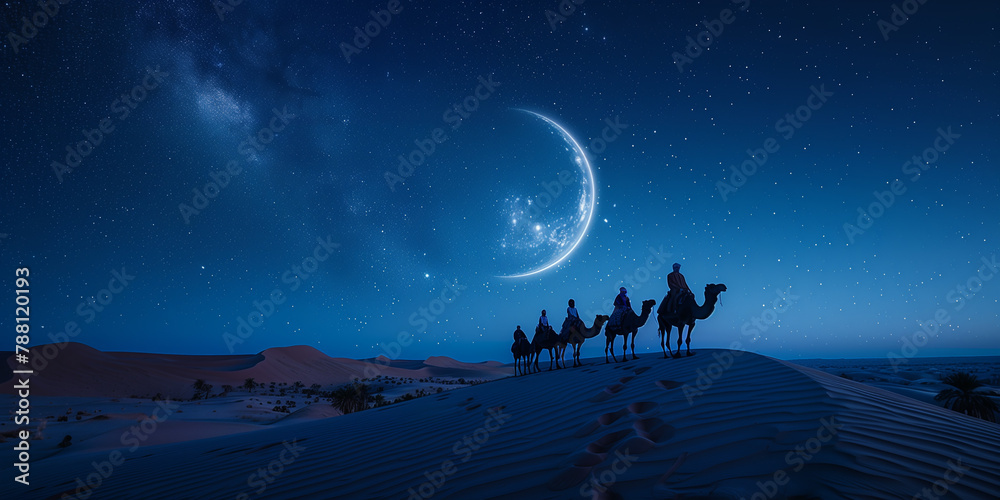 long line of camels with person against giant crescent moon in blue ...
