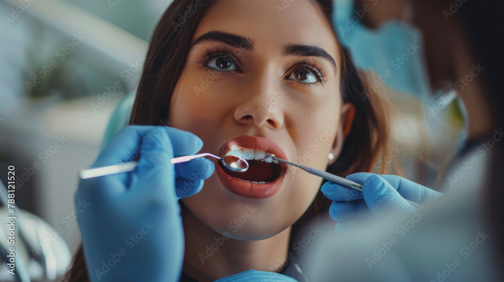 Face of calm young woman with white skin, dark brown hair and open ...