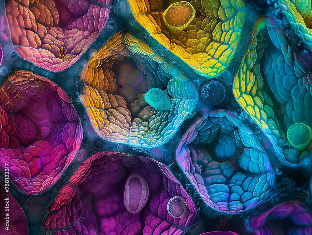 Vivid plant cells under the microscope, macro shot, science detail ...