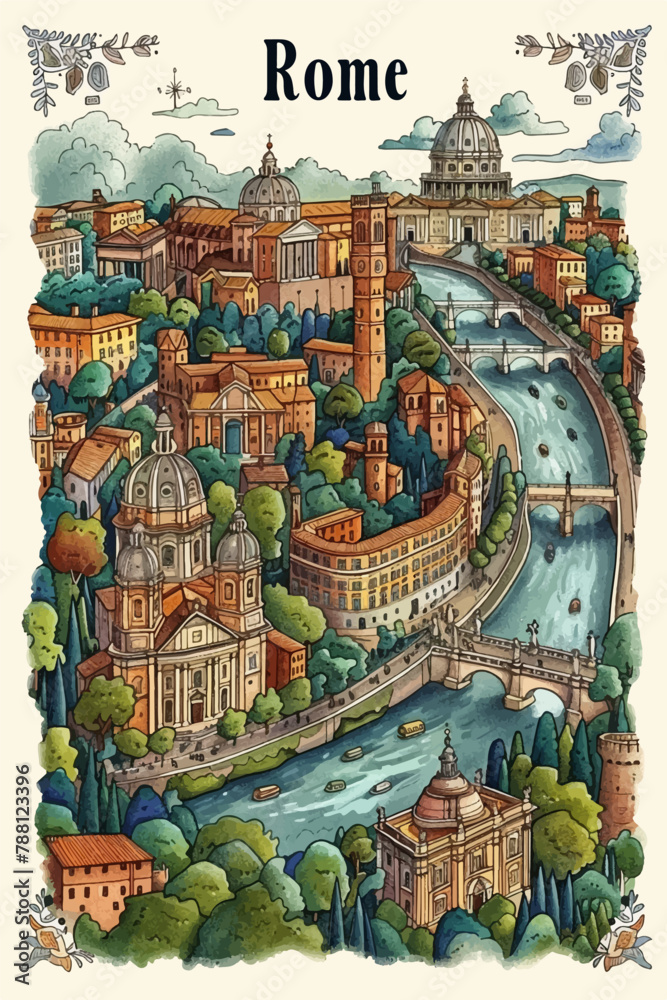 Artistic hand-drawn sketchnote style travel map of Rome, vector ...