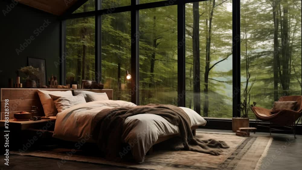 Cozy cabin bedroom with big windows at forest, rainy day. 4K Seamless ...