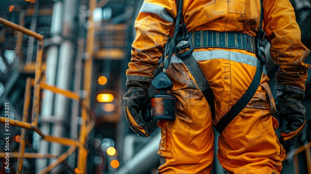 Detailed image featuring primary safety gear worn by an oil rig worker ...