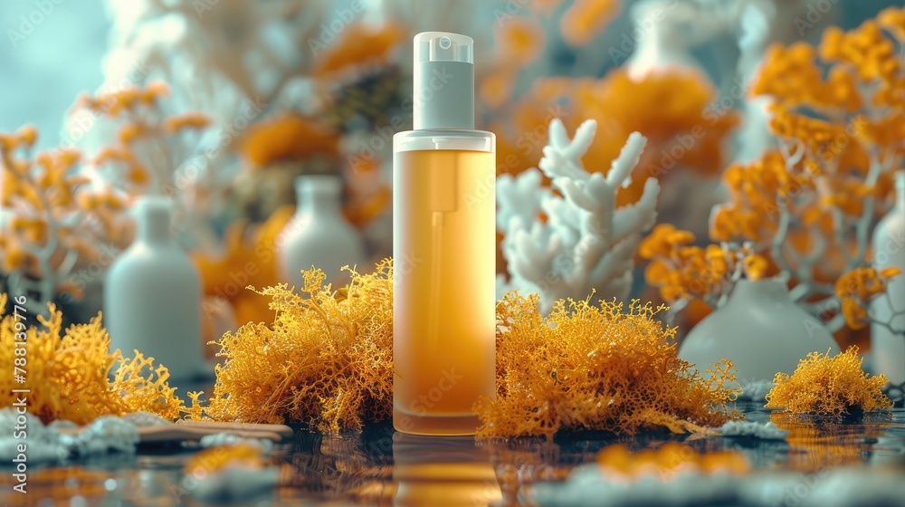 A product stand on the table, lotion bottle, yellow dry sea moss around ...