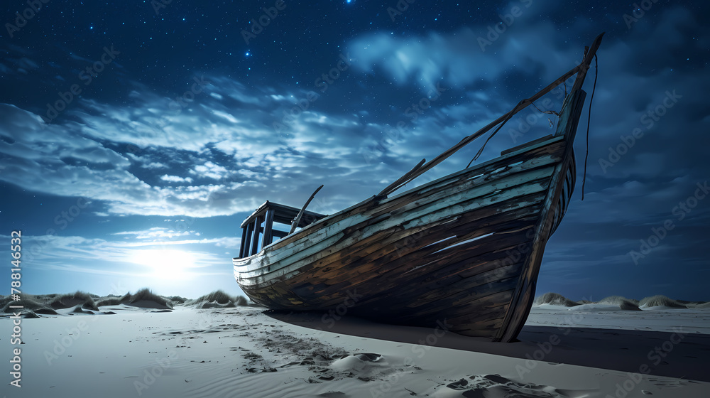 Abandoned sunken ship on the beach under starry night sky, shrouded in ...