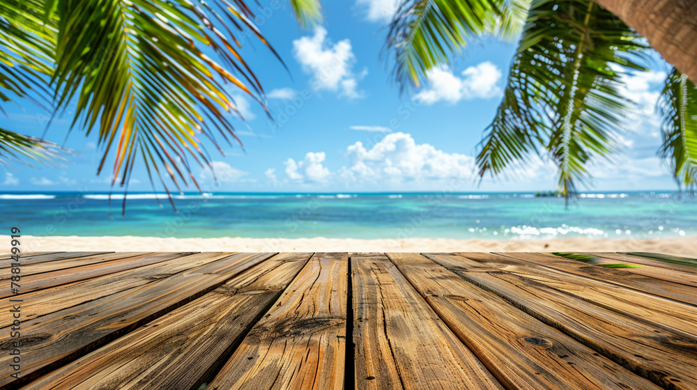 Empty wide Table top wooden bar with beautiful beach scene background ...