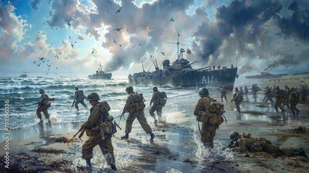 D-Day Normandy Invasion concept art with soldiers landing on beach and ...