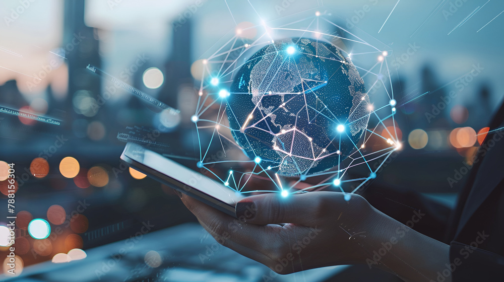 Human hands cradle a glowing Earth with network connections ...