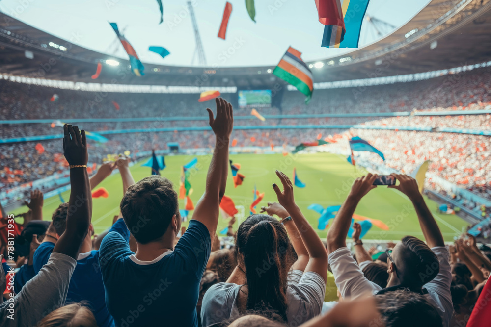 Excited sports fans waving flags and cheering in a stadium during a ...
