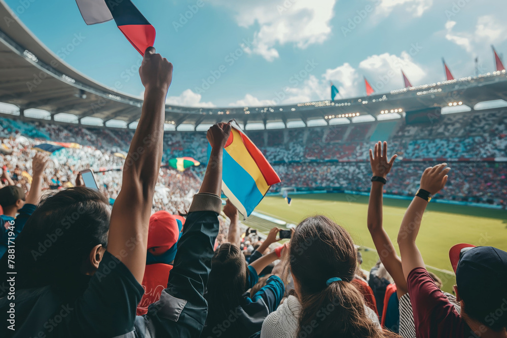 Groups of excited sports fans waving national flags and celebrating at ...