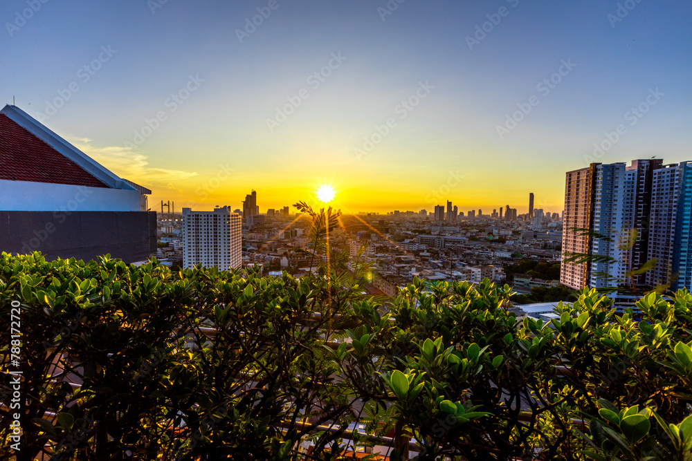 High angle background of the evening atmosphere of the condo rooftop ...