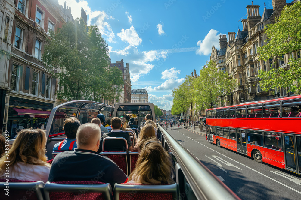 Group of tourists experiences a guided city tour aboard a double-decker ...