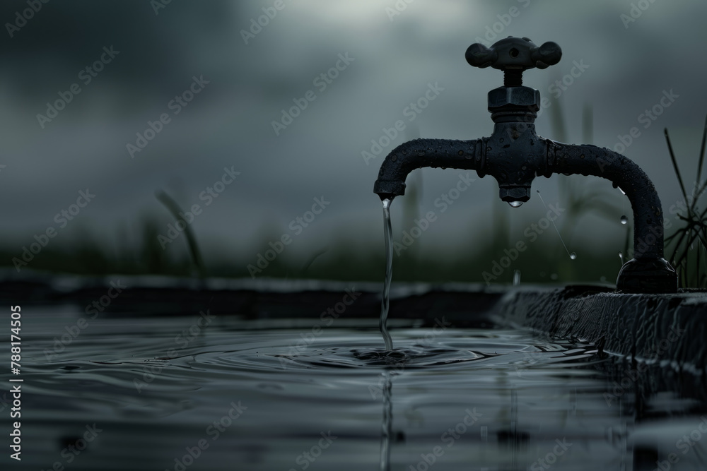 A very plain setup of a faucet dripping water into a growing puddle ...