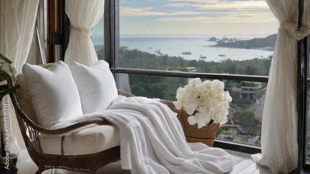 Fluffy bathrobes gracefully draped over the back of a loveseat, nestled ...