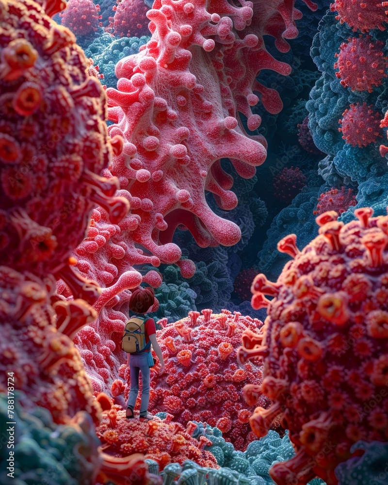 A captivating artwork of realistic typhoid red bacteria in vivid colors ...
