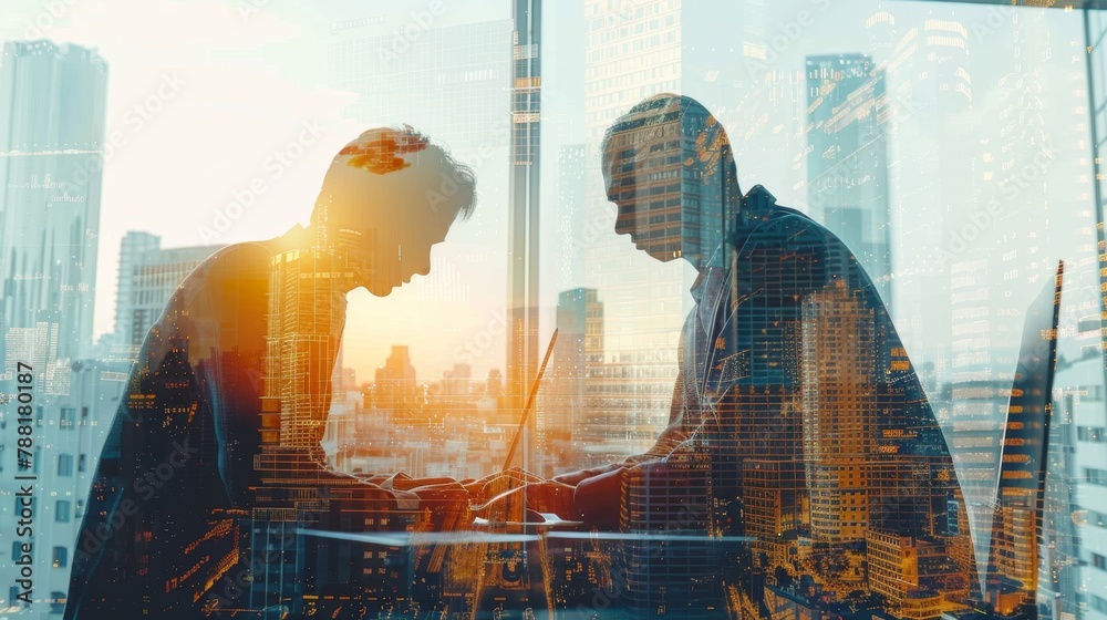 A visual blend of business acumen and urban backdrop, as colleagues ...
