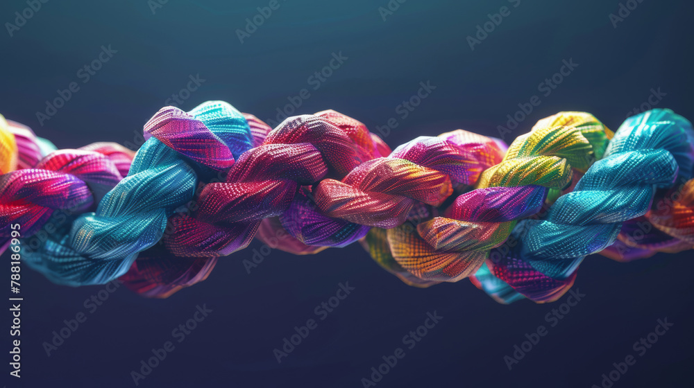 Knot, rope and color rainbow with texture on blue studio background for ...