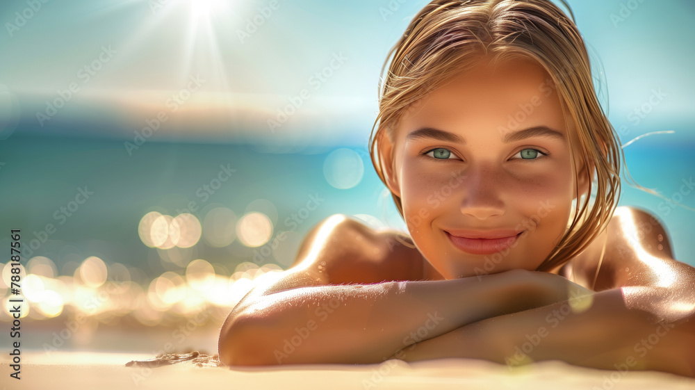 A woman is laying on the beach with her arms crossed and a smile on her ...