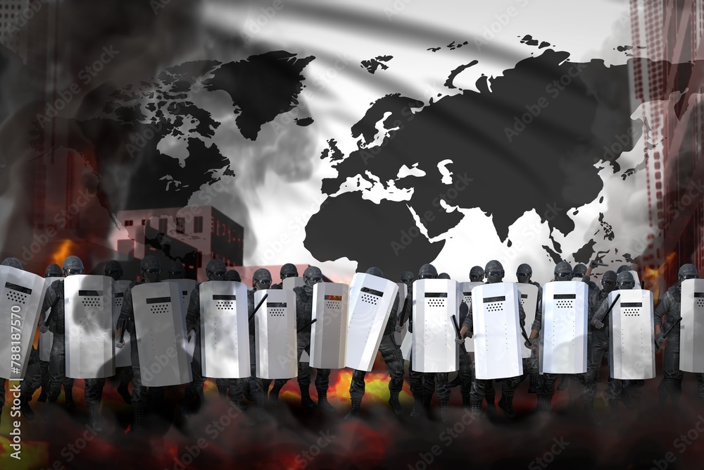 Earth protest fighting concept, police special forces on city street ...