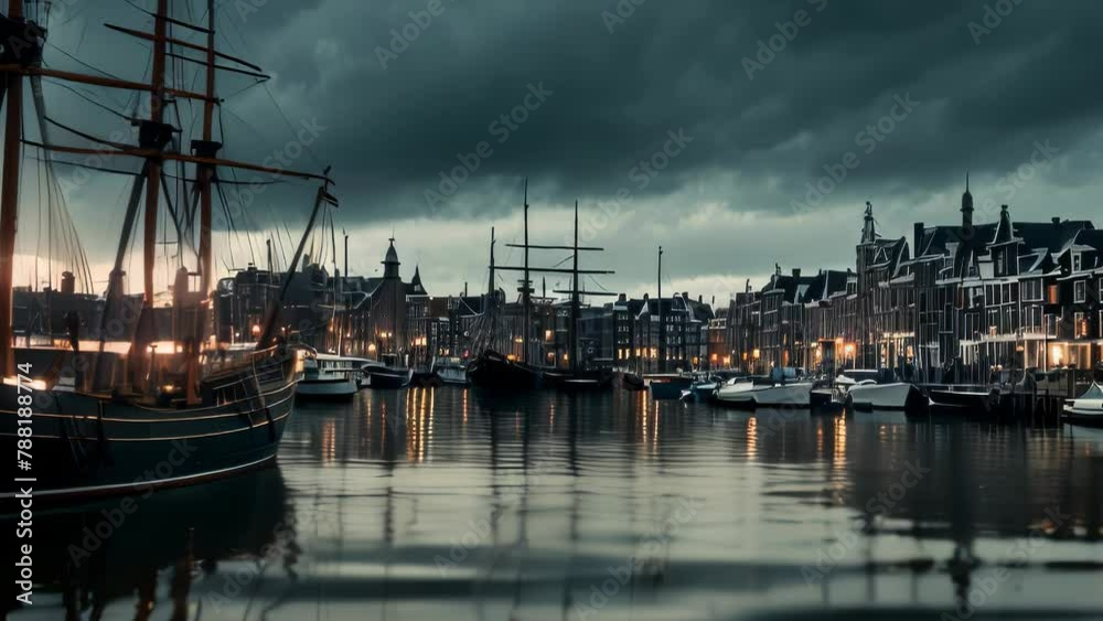 Video animation of a serene harbor scene during twilight. Boats and ...