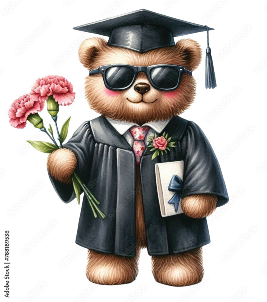 bear graduation gown holding a carnation clipart watercolor Stock ...