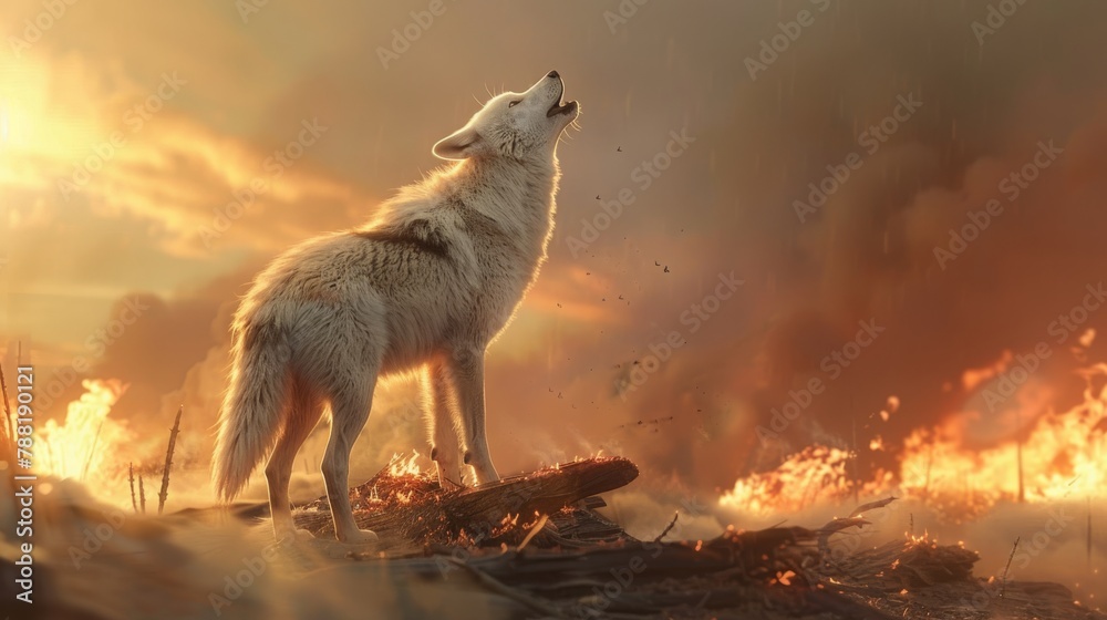 Howling wolf standing on a log in the twilight, against a backdrop of ...