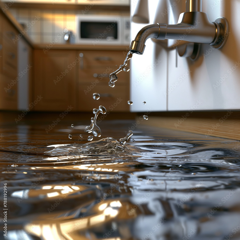 Water leak under a kitchen sink, Close-up of a puddle forming under ...